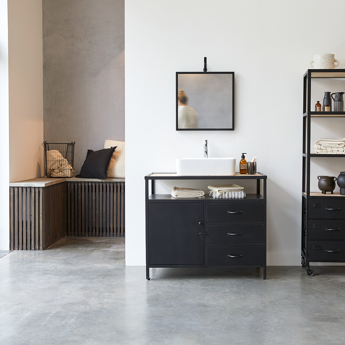 Tikamoon : Industriel - Solid mango wood and metal vanity unit 95 cm