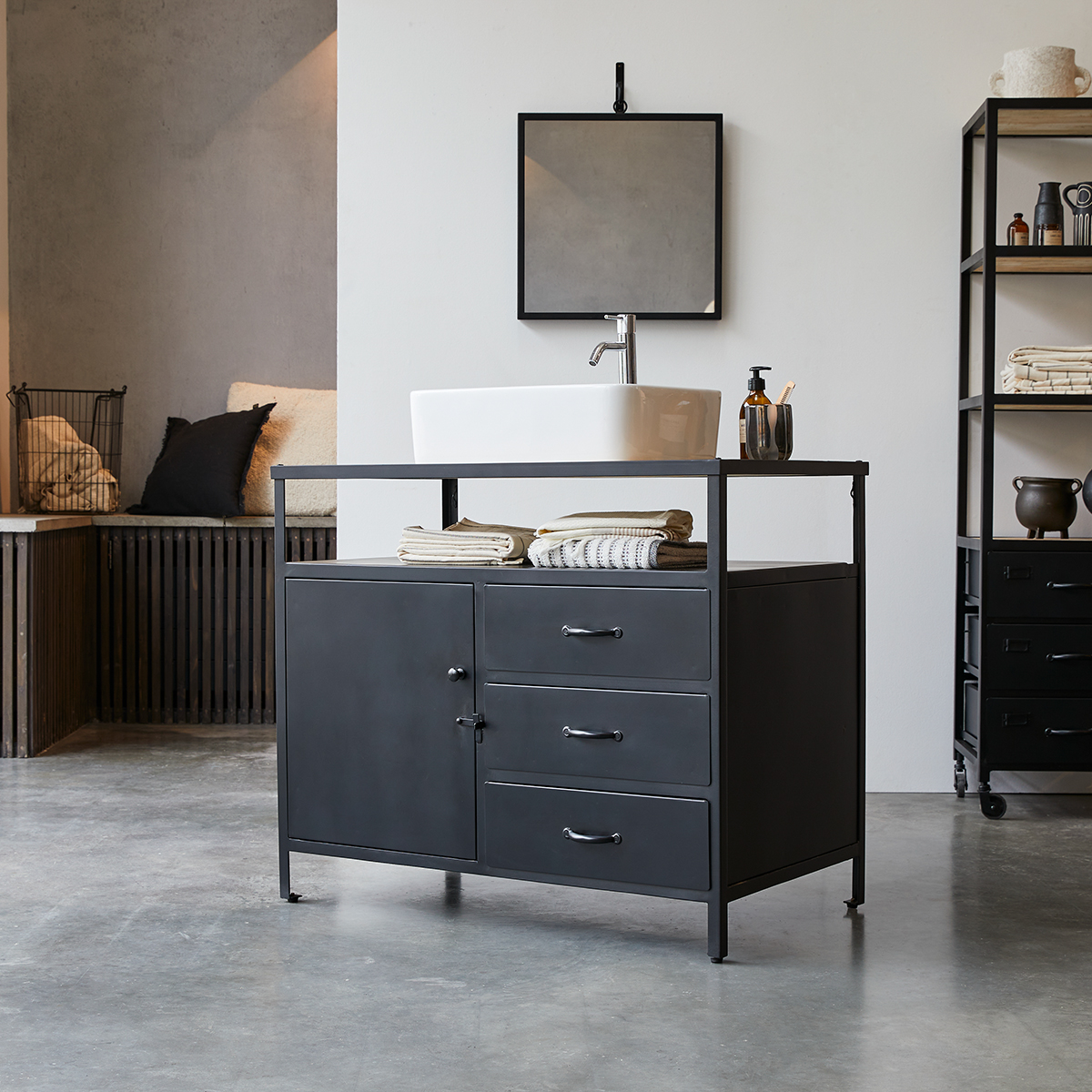 Tikamoon : Industriel - Solid mango wood and metal vanity unit 95 cm