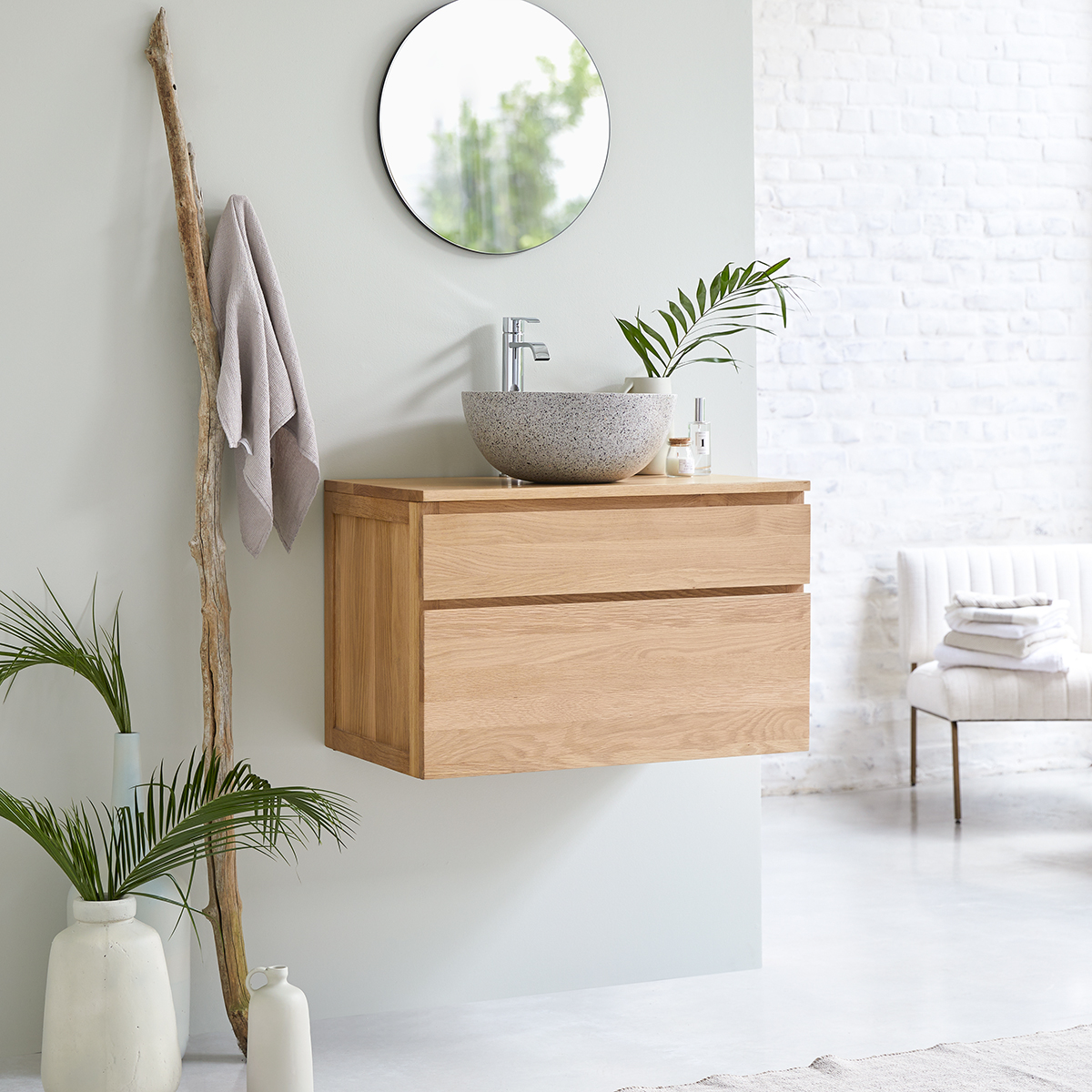 Wall-mounted oak vanity unit 80 cm - Bathroom - Tikamoon
