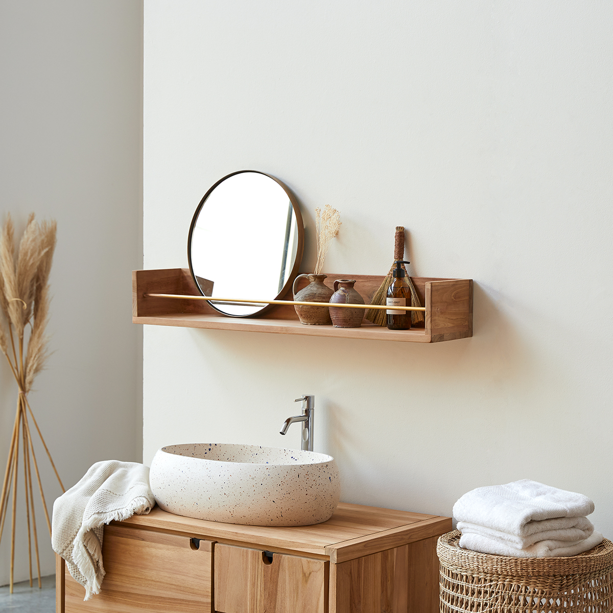 Bathroom wall shelf Sasha 100cm - teak and brass shelves - Tikamoon